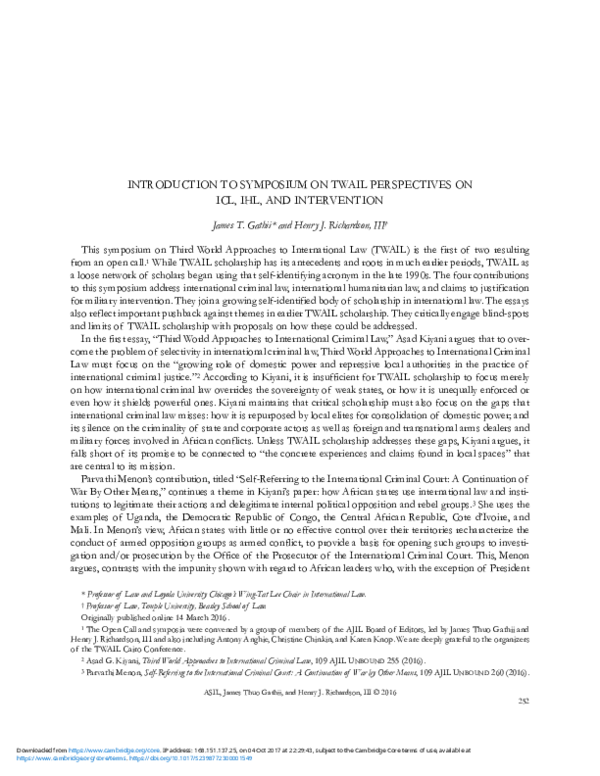 (PDF) Introduction to Symposium on TWAIL Perspectives on ICL, IHL, and ...