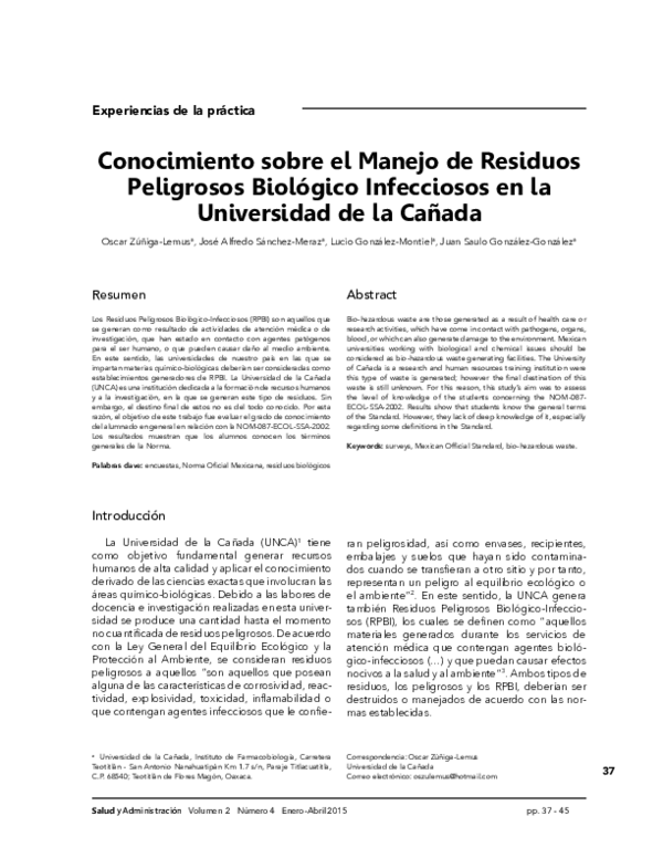 (PDF) Conocimiento sobre el Manejo de Residuos Peligrosos Biológico Infecciosos en la ...