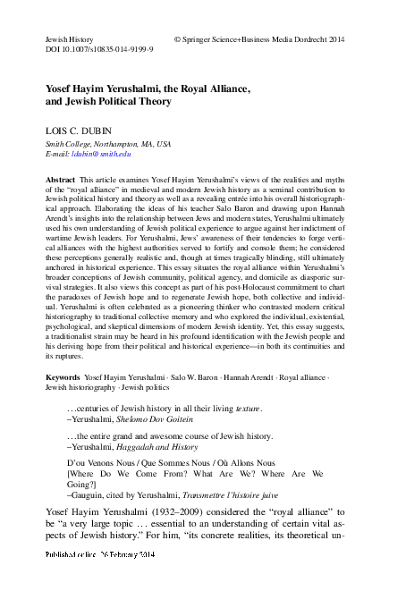 (PDF) Yosef Hayim Yerushalmi, the Royal Alliance, and Jewish Political ...