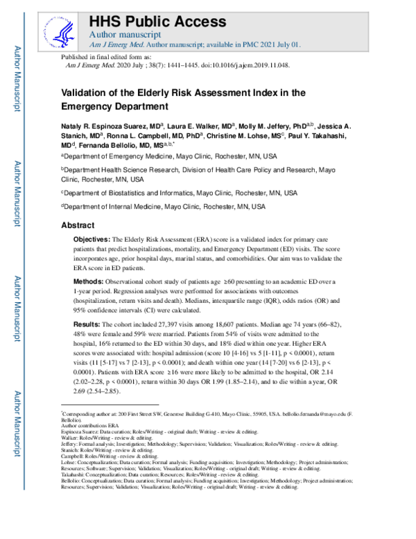 (PDF) Validation of the Elderly Risk Assessment Index in the Emergency ...
