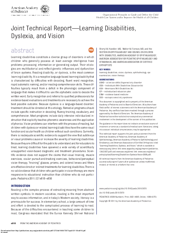 Learning Disabilities, Dyslexia, and Vision