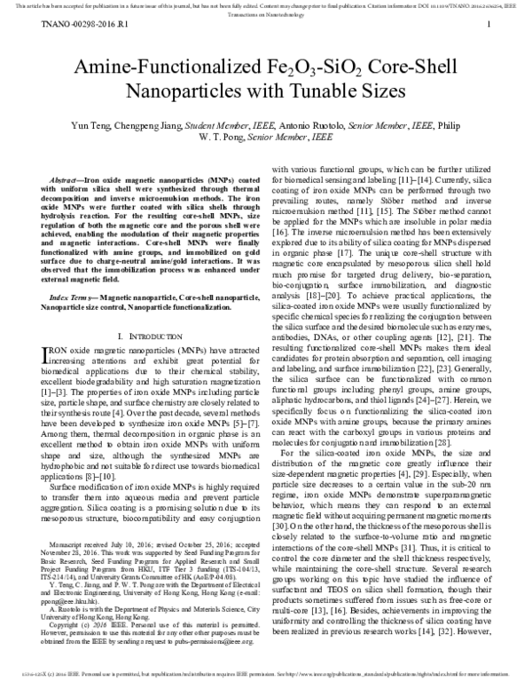 Pdf Amine Functionalized Fe2o3 Sio2 Core Shell Nanoparticles With