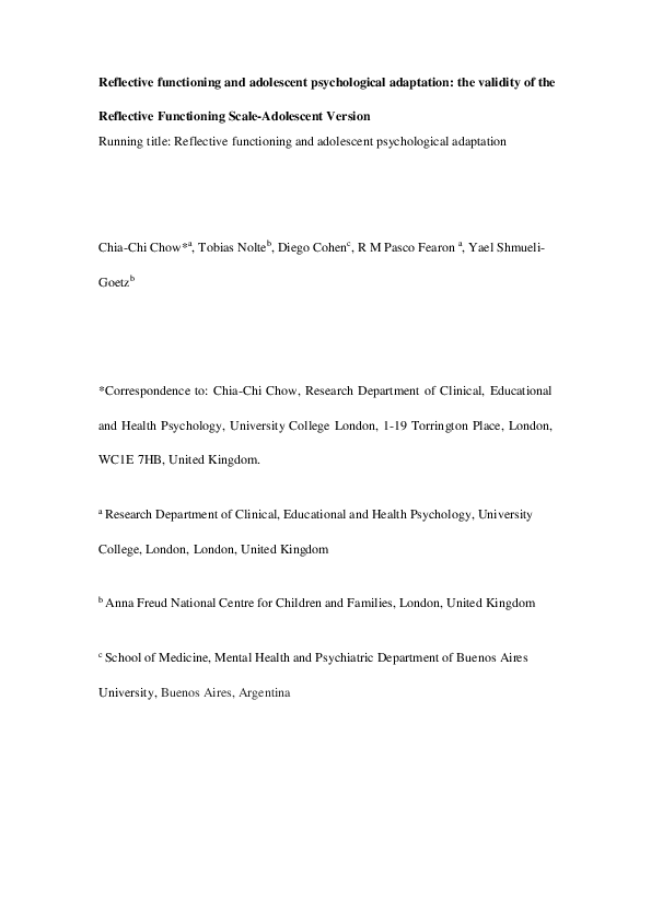 (PDF) Reflective functioning and adolescent psychological adaptation ...