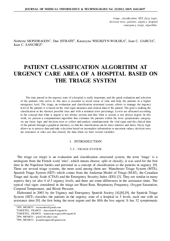 (PDF) Patient classification algorithm at urgency care area of a ...