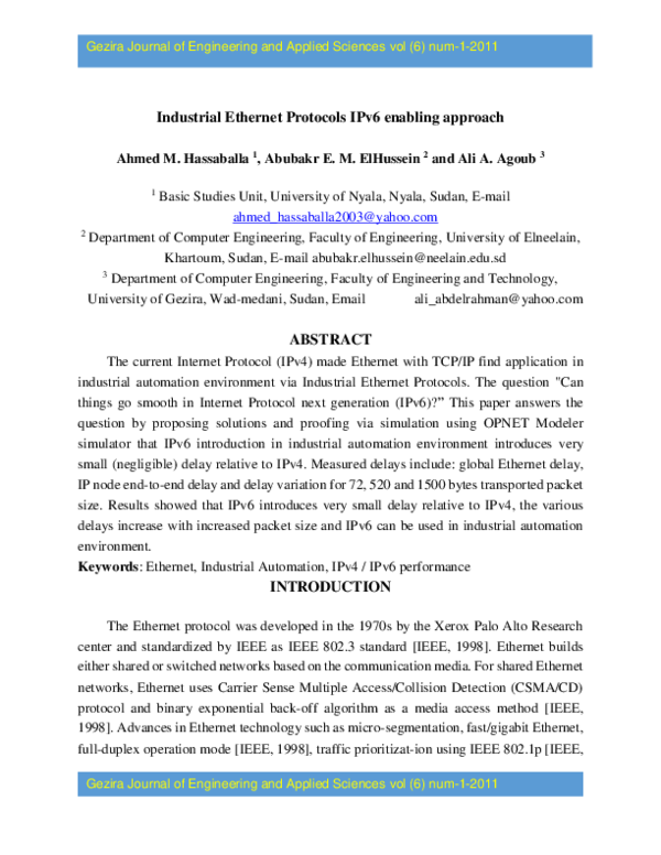 (PDF) Industrial Ethernet Protocols IPv6 Enabling Approach