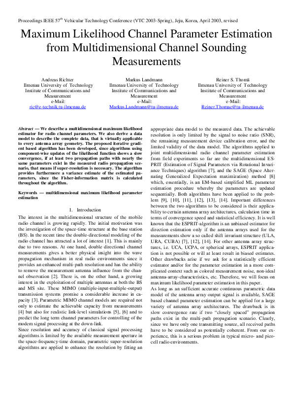 (PDF) Maximum likelihood channel parameter estimation from multidimensional channel sounding ...