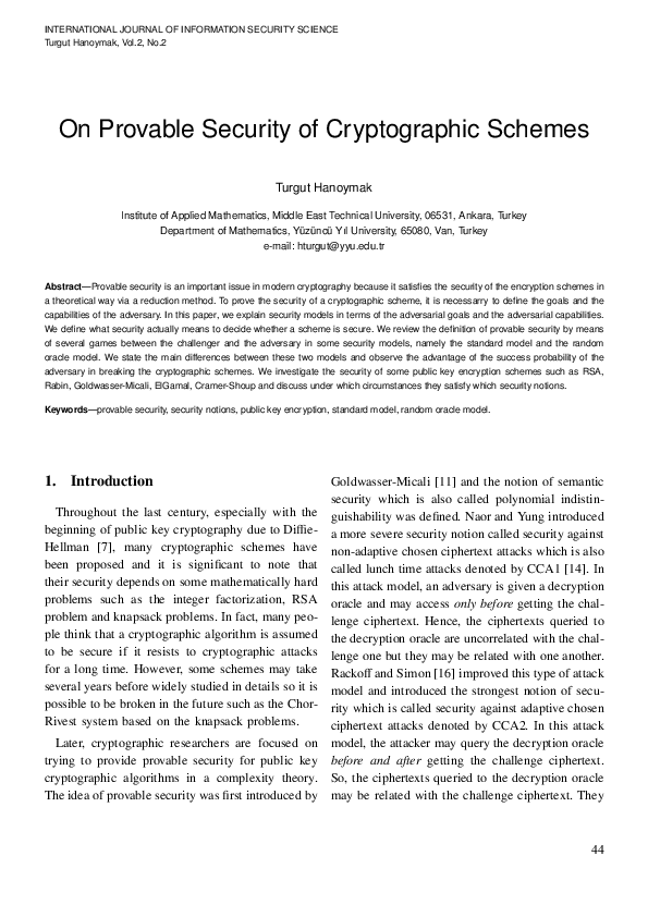 (PDF) On Provable Security of Cryptographic Schemes