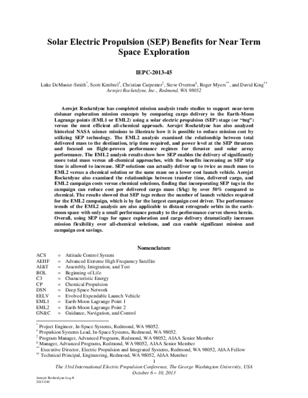 (PDF) Solar Electric Propulsion (SEP) Benefits for Near Term NASA ...
