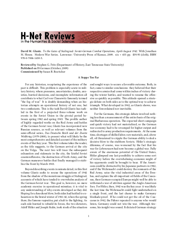 (PDF) David M. Glantz. To the Gates of Stalingrad: Soviet-German Combat ...