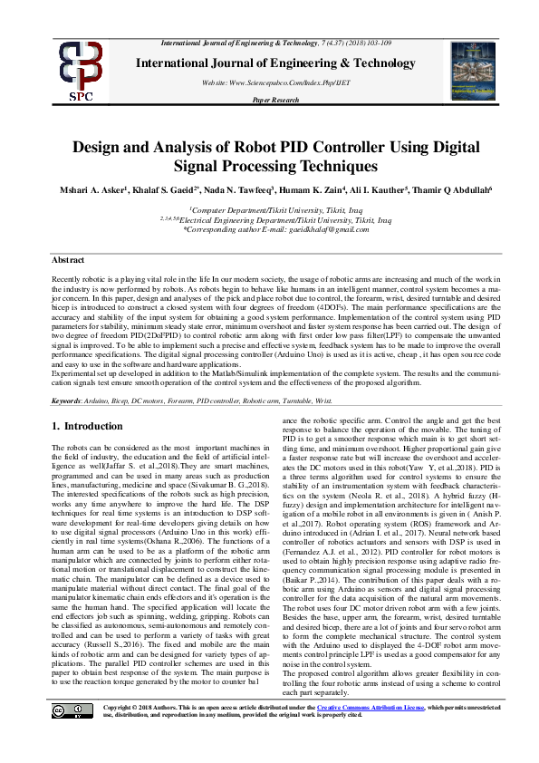 Pdf Design And Analysis Of Robot Pid Controller Using Digital Signal