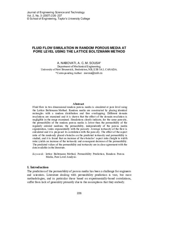 (PDF) Fluid Flow Simulation in Random Porous Media at Pore Level Using Lattice Boltzmann Method