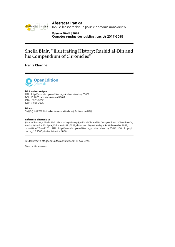 (PDF) Sheila Blair. "Illustrating History: Rashid al-Din and his ...