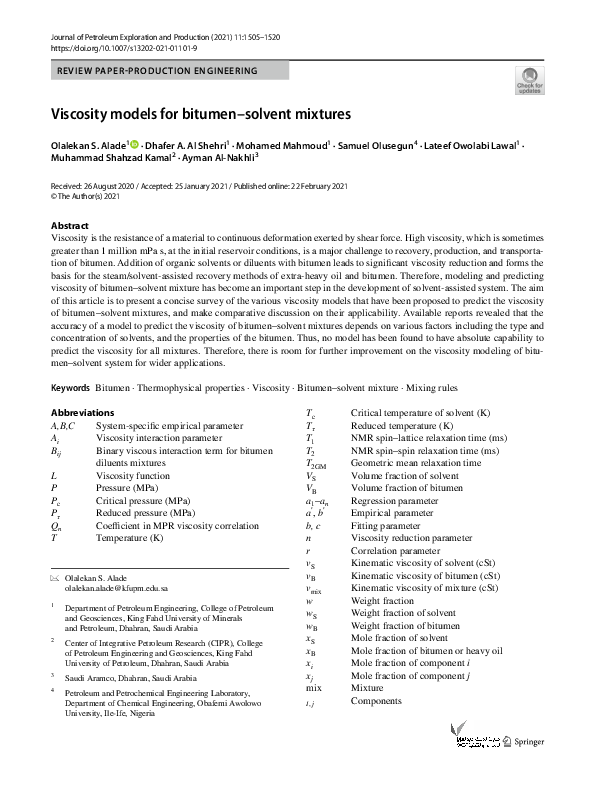 (PDF) Viscosity models for bitumen–solvent mixtures