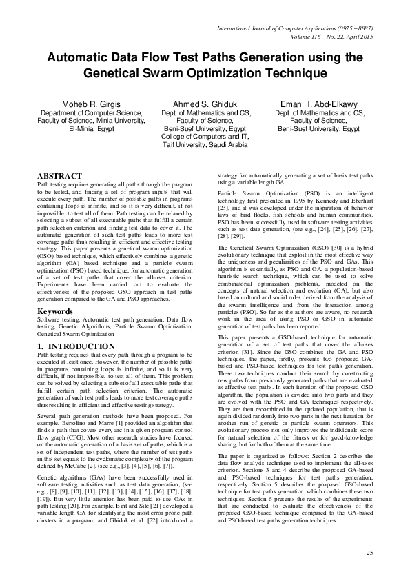 Pdf Automatic Data Flow Test Paths Generation Using The Genetical Swarm Optimization Technique
