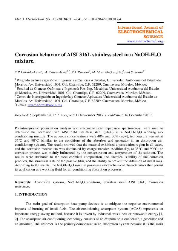(PDF) Corrosion behavior of AISI 316L stainless steel in a NaOH-H2O mixture