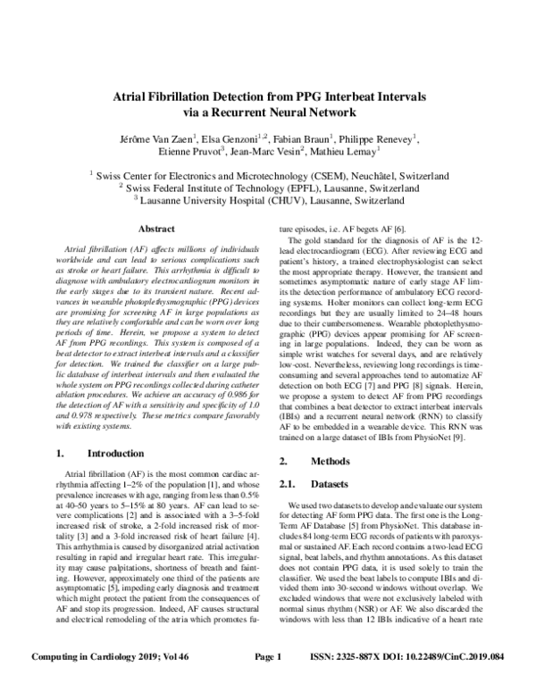 (PDF) Atrial Fibrillation Detection from PPG Interbeat Intervals via a ...