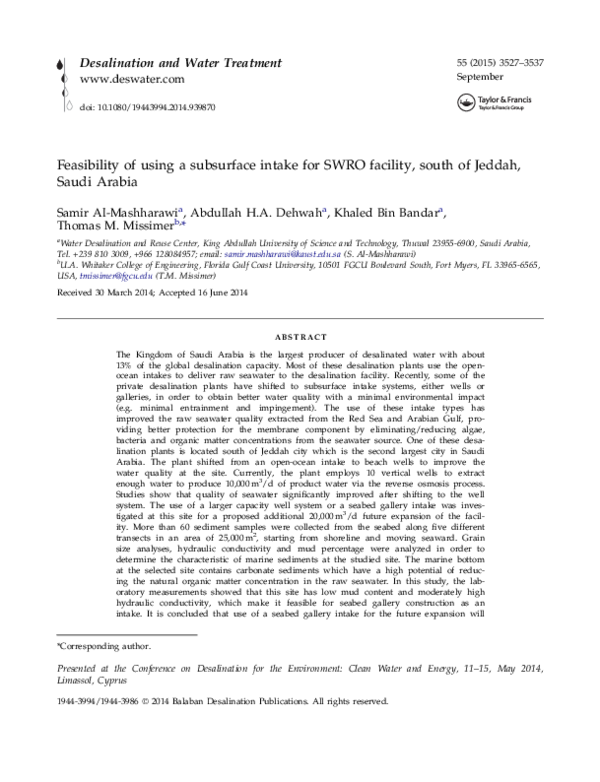 Feasibility of using a subsurface intake for SWRO facility, south of ...