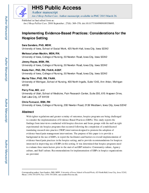 (PDF) Implementing Evidence-Based Practices: Considerations for the Hospice Setting