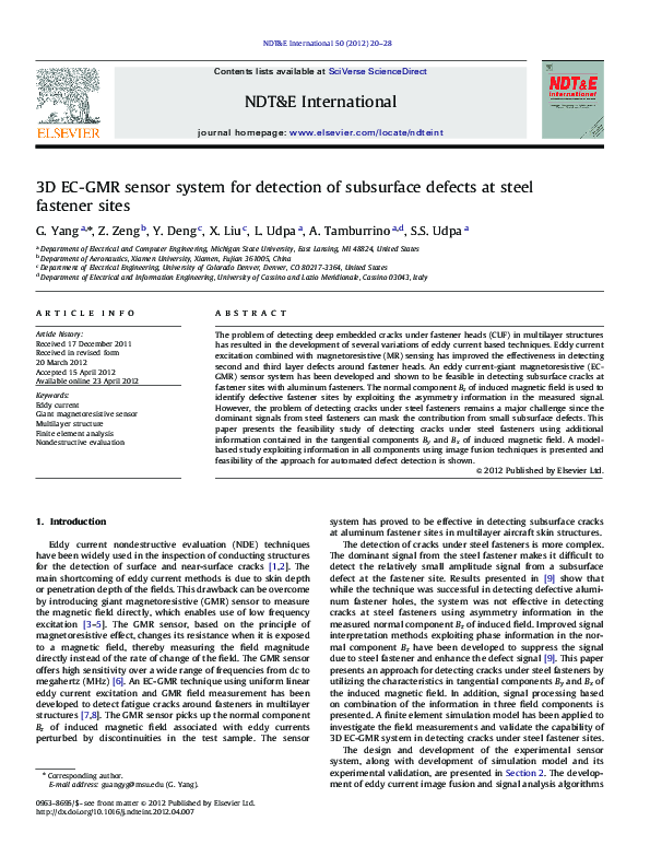 Pdf 3d Ec Gmr Sensor System For Detection Of Subsurface Defects At Steel Fastener Sites 