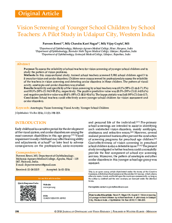 (PDF) Vision Screening of Younger School Children by School Teachers: A ...