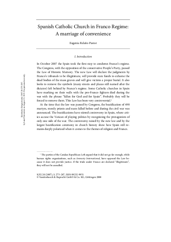 (PDF) Spanish Catholic Church in Franco Regime: A marriage of convenience