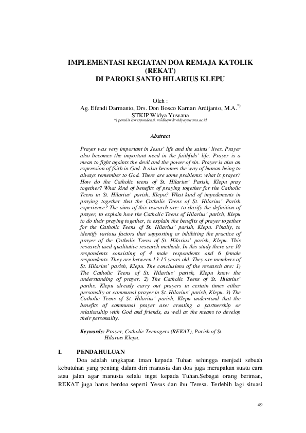 (PDF) Implementasi Kegiatan Doa Remaja Katolik (Rekat) DI Paroki Santo ...