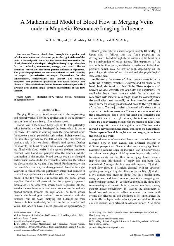 (PDF) A Mathematical Model of Blood Flow in Merging Veins under a ...