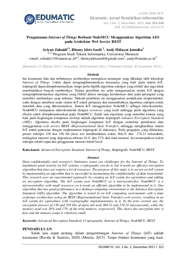 Pdf Pengamanan Internet Of Things Berbasis Nodemcu Menggunakan Algoritma Aes Pada Arsitektur