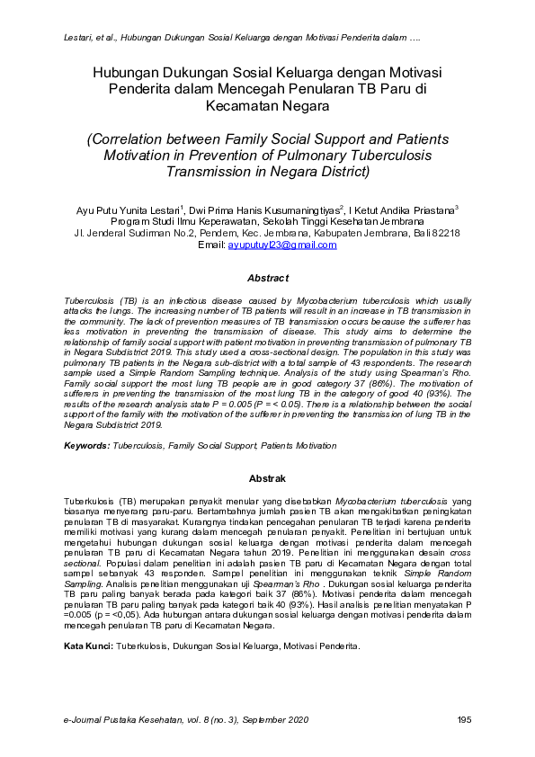 (PDF) Hubungan Dukungan Sosial Keluarga dengan Motivasi Penderita dalam Mencegah Penularan TB ...