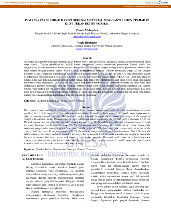 (PDF) Pemanfaatan Limbah Karbit Sebagai Material Pengganti Semen ...