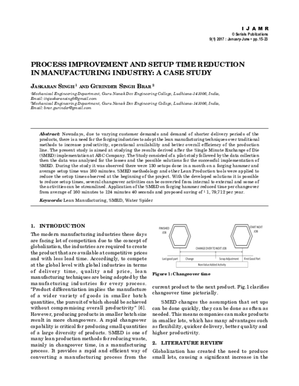 (PDF) Process Improvement and Setup Time Reduction in Manufacturing Industry: A Case Study