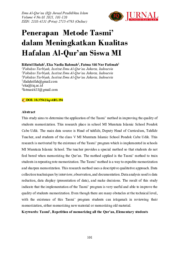 (PDF) Penerapan Metode Tasmi’ dalam Meningkatkan Kualitas Hafalan Siswa MI