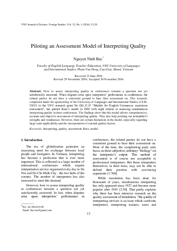 (PDF) Piloting an Assessment Model of Interpreting Quality Nguyen Ninh Bac