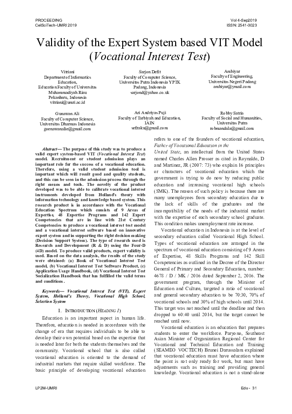 (PDF) Validity of the Expert System based VIT Model (Vocational ...