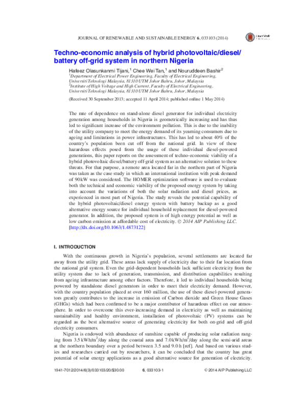 (PDF) Techno-economic analysis of hybrid photovoltaic/diesel/battery off-grid system in northern ...