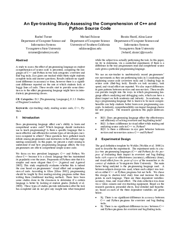 (PDF) An eye-tracking study assessing the comprehension of c++ and Python source code