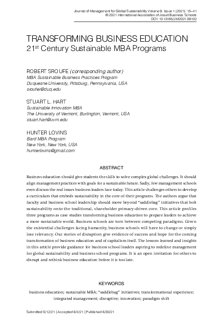 (PDF) Transforming Business Education: 21st Century Sustainable MBA ...