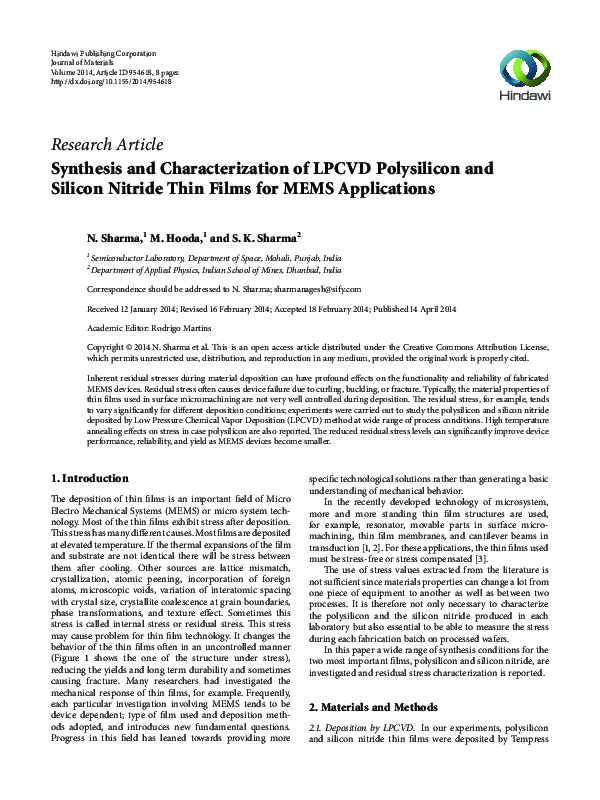 (PDF) Synthesis and Characterization of LPCVD Polysilicon and Silicon Nitride Thin Films for ...