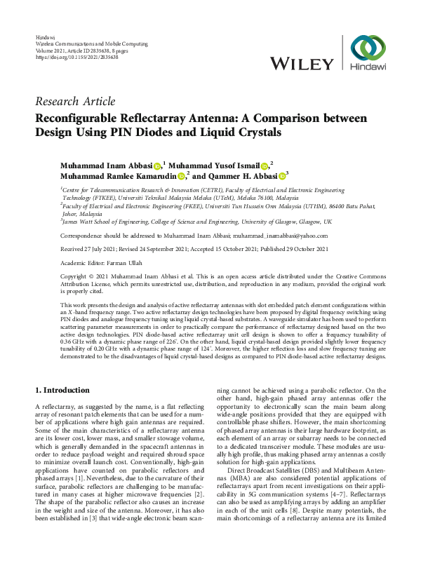 Pdf Reconfigurable Reflectarray Antenna A Comparison Between Design Using Pin Diodes And