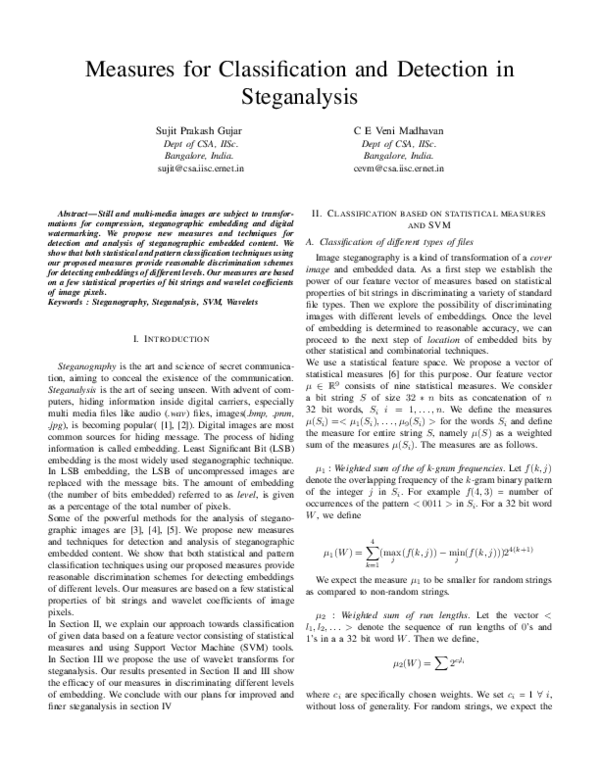 (PDF) Measures for Classification and Detection In Steganalysis