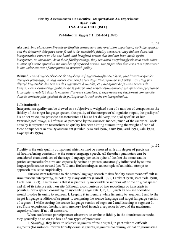 (PDF) Fidelity Assessment in Consecutive Interpretation: An Experiment ...