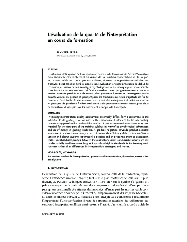 (PDF) L'évaluation de la qualité de l'interprétation en cours de formation