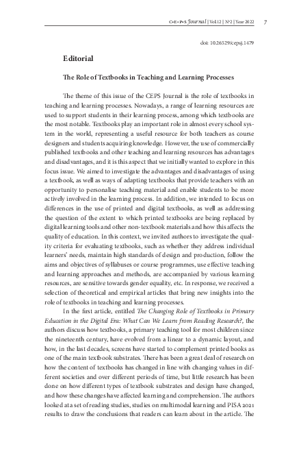(PDF) EDITORIAL - The Role of Textbooks in Teaching and Learning Processes