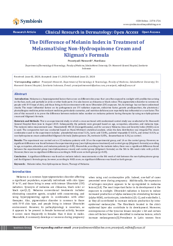 (PDF) The Difference of Melanin Index in Treatment of MelasmaUsing Non ...