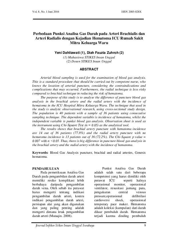 (PDF) Perbedaan Punksi Analisa Gas Darah pada Arteri Brachialis dan ...