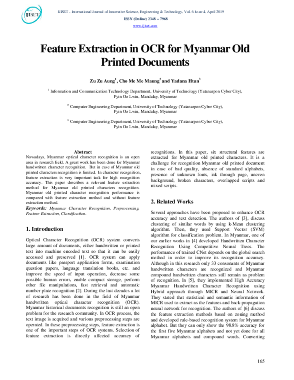 Pdf Feature Extraction In Ocr For Myanmar Old Printed Documents