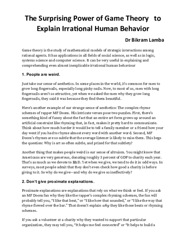(DOC) The Surprising Power of Game Theory to Explain Irrational Human ...