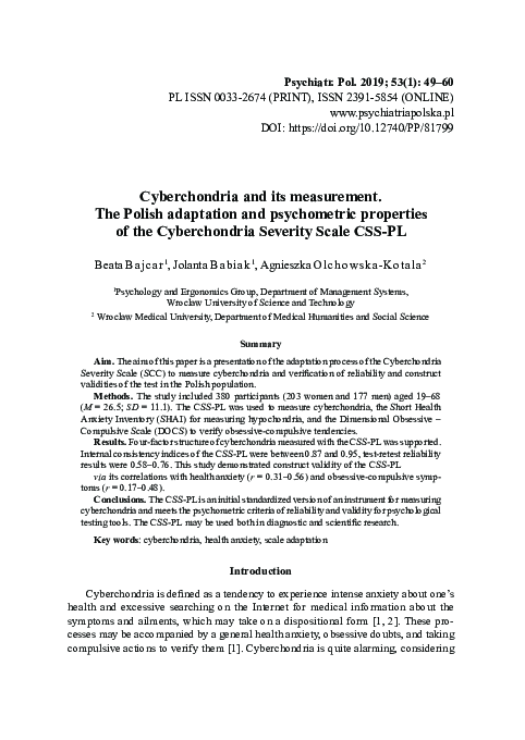 (PDF) Cyberchondria and its measurement. The Polish adaptation and ...