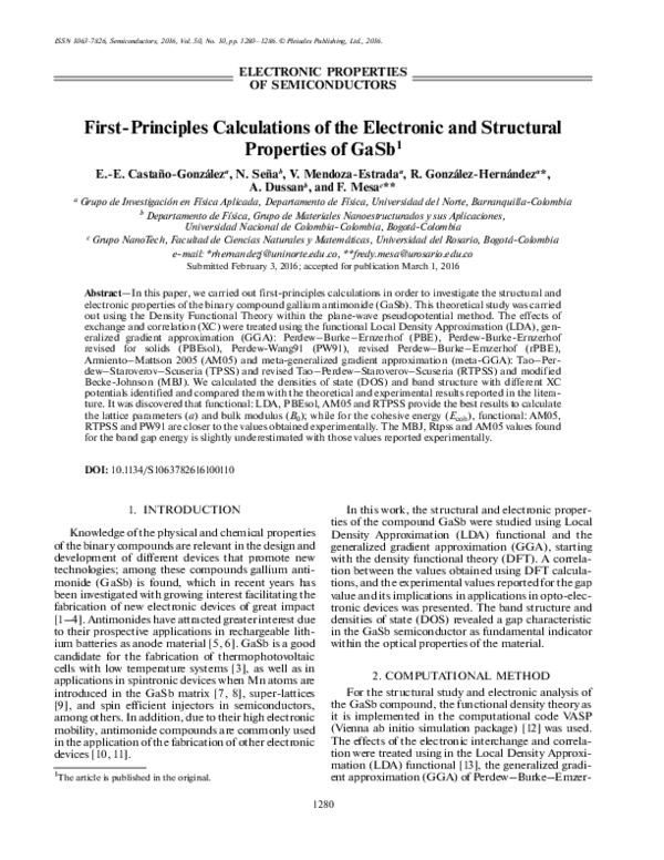 (PDF) First-principles calculations of the electronic and structural properties of GaSb