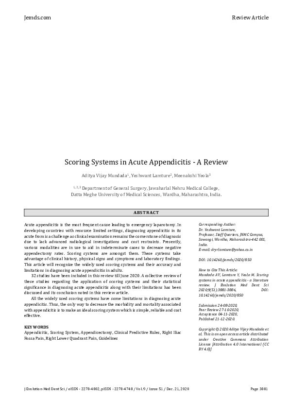(PDF) Scoring Systems in Acute Appendicitis - A Review